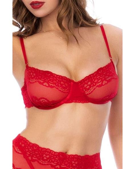 Mapale Lace Underwire Bra Thong And Garter Belt Set In Red Lyst