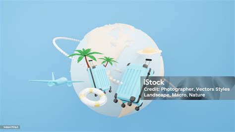3d 렌더링 관광 개념 여행 관광 여행 계획 세계 여행은 비행기와 수하물 연한 파란색 배경에 고무 반지를 가지고 있습니다 3차원 형태에 대한 스톡 사진 및 기타 이미지