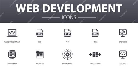웹 개발 간단한 개념 아이콘을 설정합니다 웹 로고 Uiux에 사용할 수 있는 백엔드 프런트 엔드 브라우저 유동 레이아웃 등과 같은 아이콘이 포함되어 있습니다