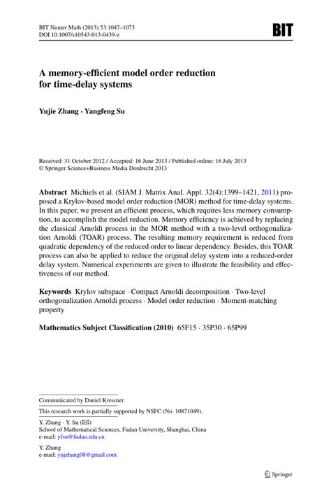 Pdf A Memory Efficient Model Order Reduction For Time Delay Systems