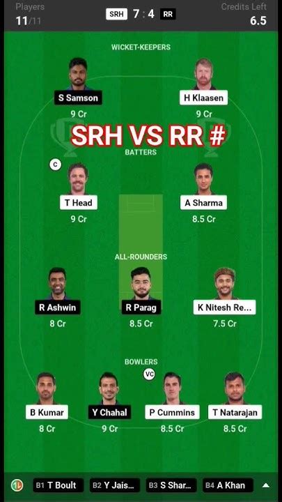 Srh Vs Rr Dream 11 Prediction Team Cricket Youtube