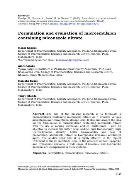 Pdf Formulation And Evaluation Of Microemulsion Containing Miconazole Nitrate