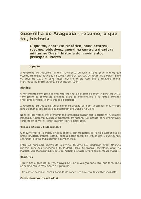 Guerrilha Do Araguaia Este Movimento Era Contrário à Ditadura Militar