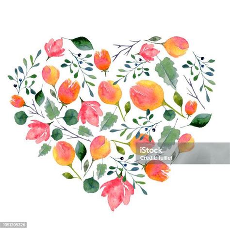 꽃과 나뭇잎의 수채화 패턴입니다 밝은 여름 꽃 요소와 심장 모양에 인쇄 결혼식에 대한 스톡 벡터 아트 및 기타 이미지 결혼식