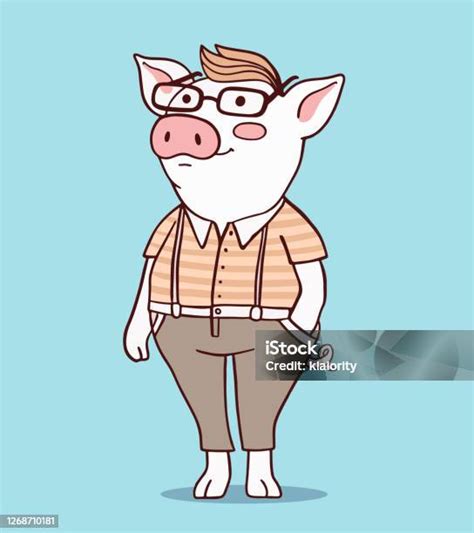 파란색 배경에 분홍색 뺨과 안경 바지에 귀여운 만화 남성 힙스터 돼지의 벡터 그림 2019년에 대한 스톡 벡터 아트 및 기타
