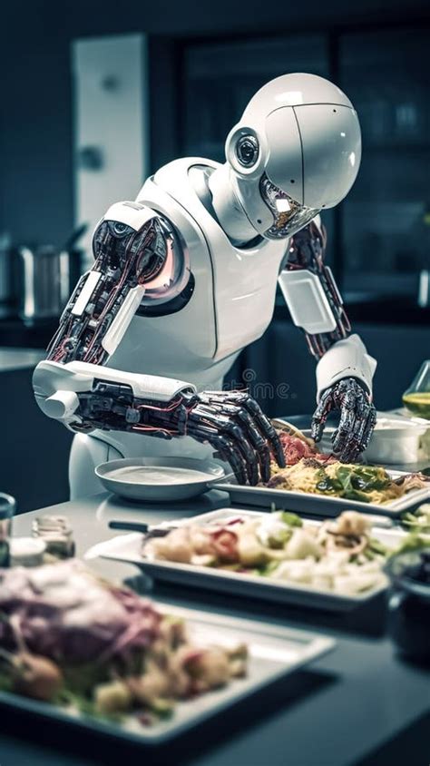 A Humanoid Robot Chef Cooks Dishes In A Restaurant Kitchen Generative Ai Stock Image Image
