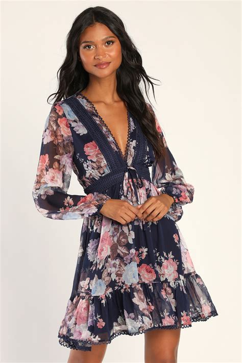 Dark Blue Mini Dress Floral Dress Long Sleeve Mini Dress Lulus