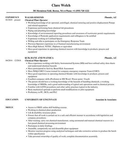 Chemical Plant Operator Resume Samples Velvet Jobs