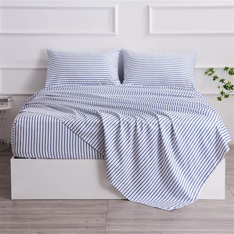 Queen Blue Striped Bed Sheet Set 4 Piece With 16 Inch Deep