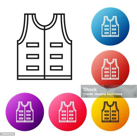 흰색 배경에 격리 된 검은 색 라인 사냥 재킷 아이콘입니다 사냥 조끼 아이콘 다채로운 원 버튼을 설정합니다 벡터 일러스트레이션 0명에 대한 스톡 벡터 아트 및 기타 이미지