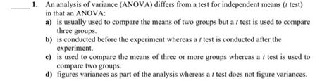 solved 1 an analysis of variance anova differs from a