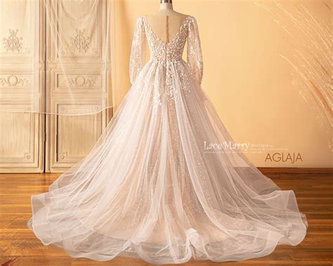 Aglaja Long Puff Sleeves Wedding Dress With Glitter Skirt Lacemarry