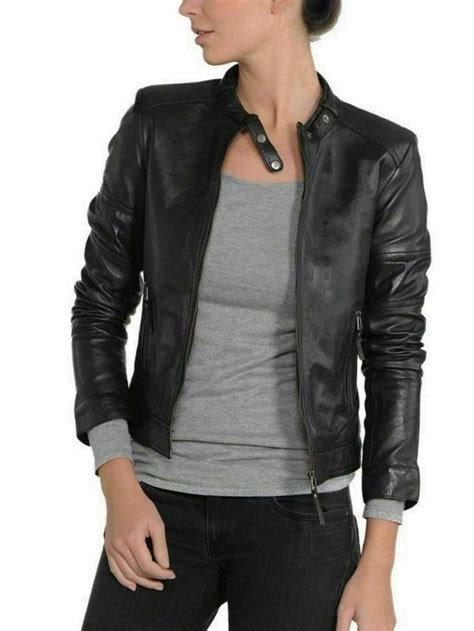 Classic Women Genuine Lambskin 100 Leather Jacket Biker Motorcycle