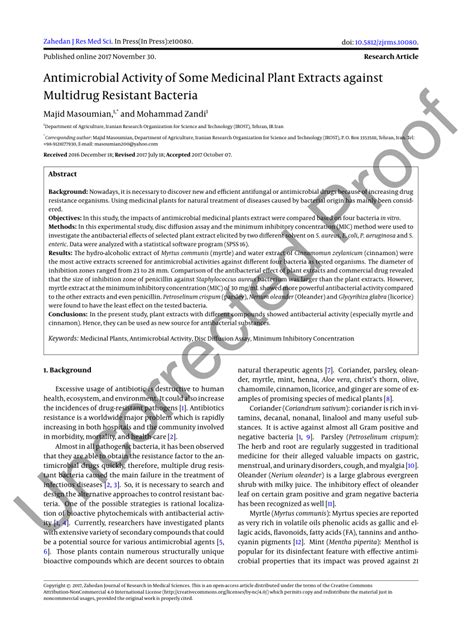 Pdf Antimicrobial Activity Of Some Medicinal Plant Extracts Against Multidrug Resistant Bacteria