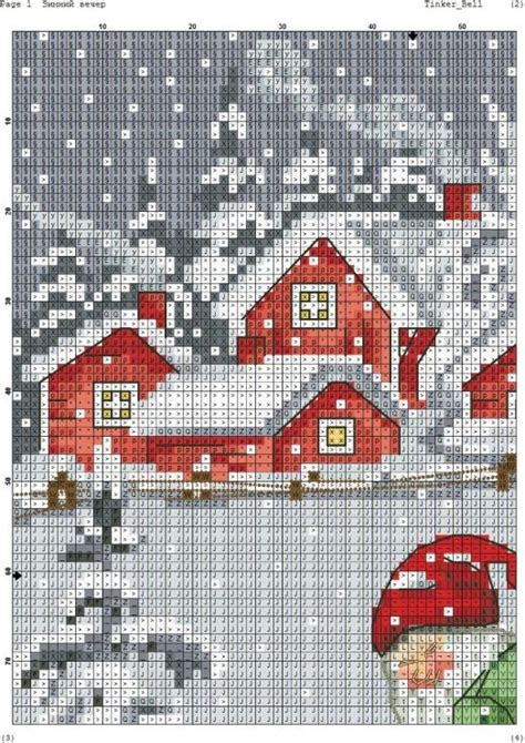 A Cross Stitch Christmas Scene With Red Barns And Snow