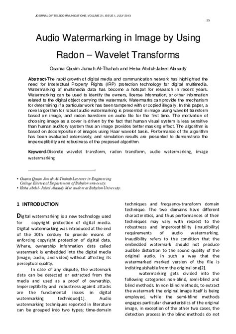 Pdf Audio Watermarking In Image By Using Radon Wavelet Transforms