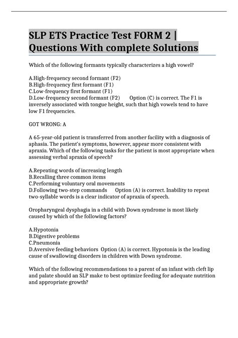 Slp Ets Practice Test Form 2 Questions With Complete Solutions Slp