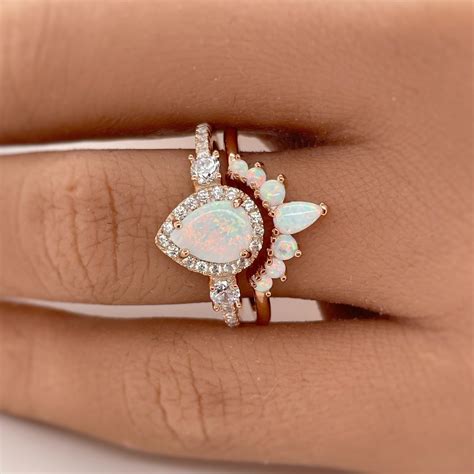Opal Engagement Ring Set Art Deco Fitted Opal Ring Set Opal Bridal Set Wedding Ring Opal Band