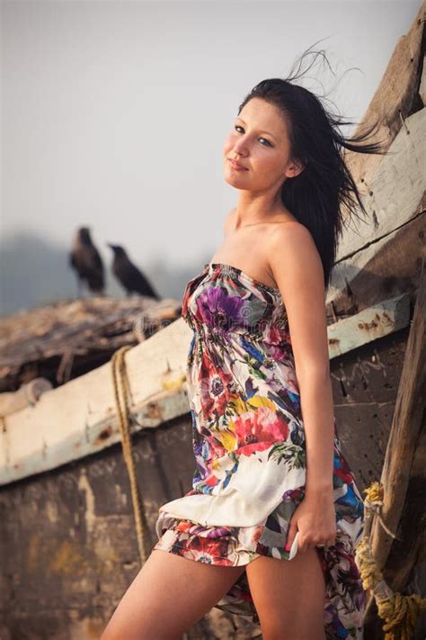 Brunette Young Girl Posing Near Boat Stock Image Image Of Human