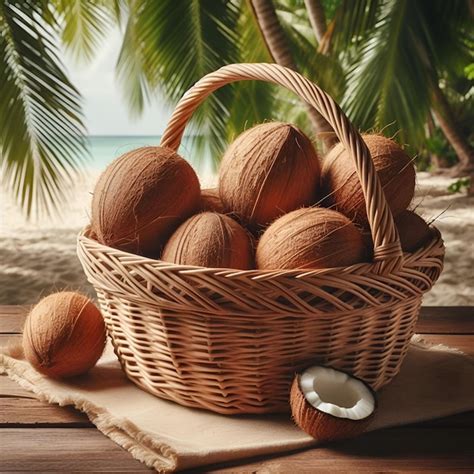 Coconut In A Wicker Basket Premium Ai Generated Image