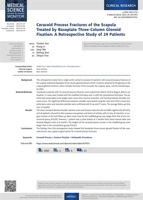 Pdf Coracoid Process Fractures Of The Scapula Treated By Baseplate