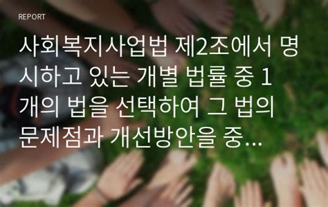 사회복지사업법 제2조에서 명시하고 있는 개별 법률 중 1개의 법을 선택하여 그 법의 문제점과 개선방안을 중심으로 작성해 보세요 레포트