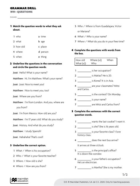Grammar Drill 01 Wh Questions Pdf Communication Cognition