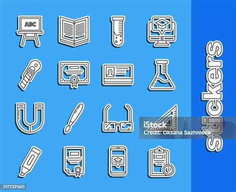 시계 삼각형 눈금자 시험관 및 플라스크 화학 실험실 인증서 템플릿 문구 칼 칠판 및 식별 배지 아이콘이있는 검사 시트를 설정합니다 벡터 0명에 대한 스톡 벡터 아트 및 기타