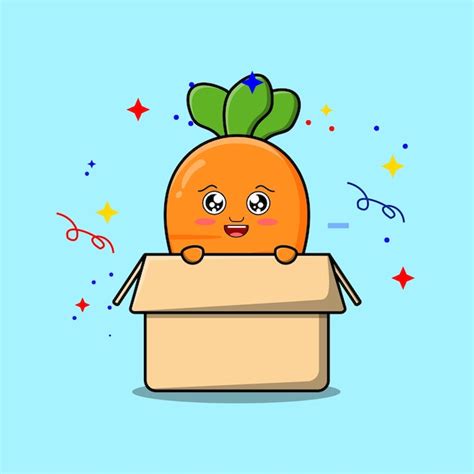 스타일 만화 벡터 아이콘 상자에서 나오는 귀여운 만화 당근 캐릭터 프리미엄 벡터