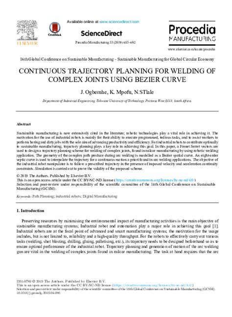 Pdf Continuous Trajectory Planning For Welding Of Complex Joints