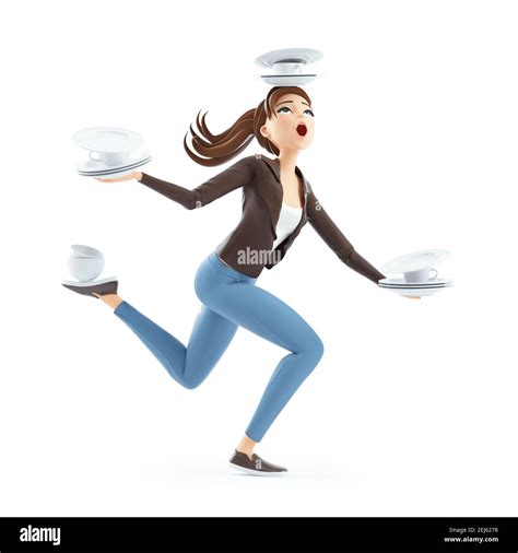 3d Cartoon Woman Balancing On One Leg With Tableware Illustration