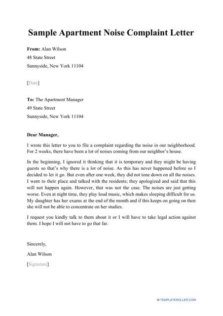 Sample Letter For Noise Complaint