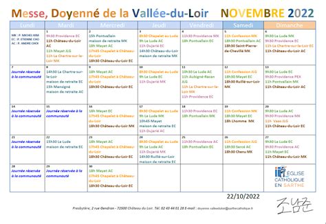 Calendrier Des Messes Du Mois De Novembre 2022