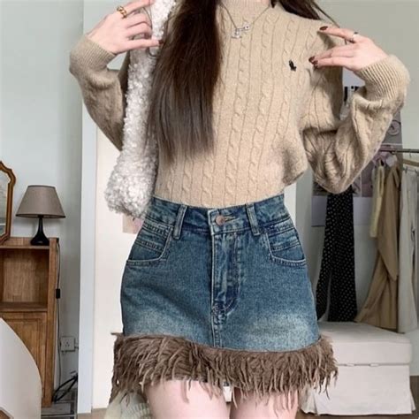 Ourea High Rise Fringed Denim Mini Pencil Skirt Yesstyle