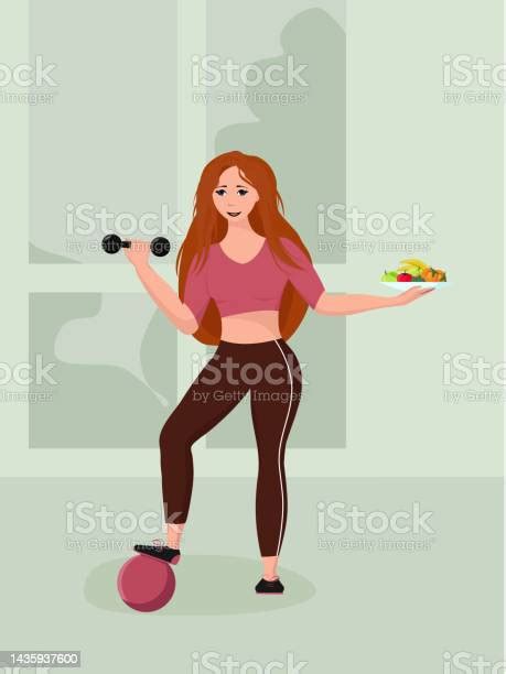 소녀는 체육관에서 스포츠를 즐기고 건강하게 먹습니다 개념에 대한 스톡 벡터 아트 및 기타 이미지 개념 건강한 생활방식