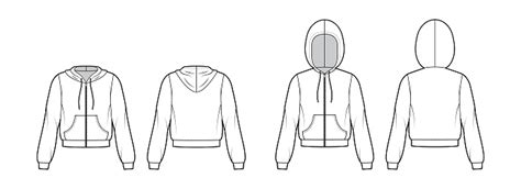 긴 소매 릴렉스 바디 캥거루 파우치 밴드 옷자락이 있는 Zipup Hoody 스웨트셔츠 테크니컬 패션 일러스트레이션 세트 0명에