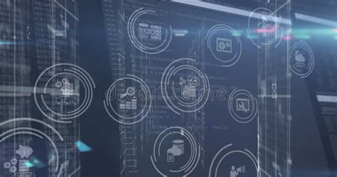 Image Of Multiple Digital Icons Over Screens With Data Processing Against Blue Background Stock