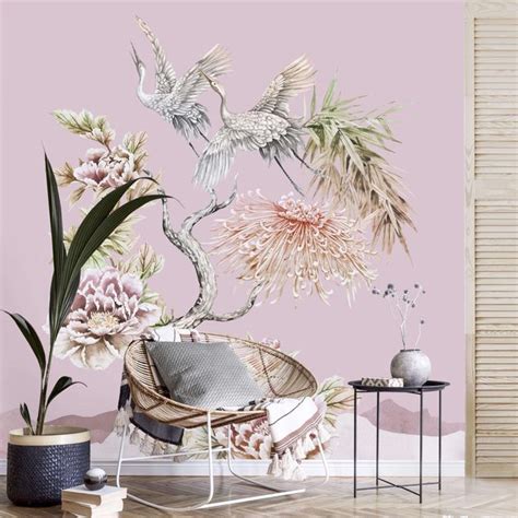 Aquarell Störche im Flug mit Blumen auf Rosa Quadrat Fototapete