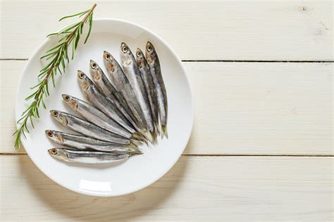 유럽 멸치 신선한 Hamsa 오메가 3의 소스 로즈마리와 함께 접시에 놓인 몇 가지 작은 물고기 흰색 나무 보드 배경 평면도 텍스트를 복사 할 수있는 공간 건강한 식생활에