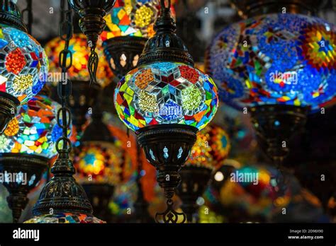 Colorful Turkish Mosaic Glass Lamps For Sale At The Street Market In