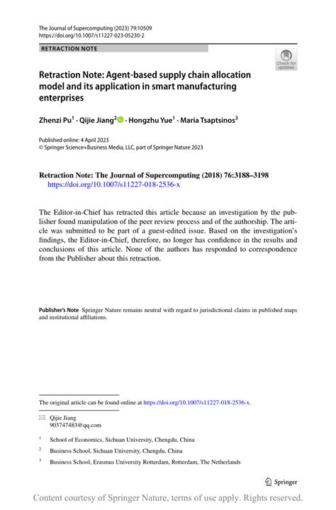 Retraction Note Agent Based Supply Chain Allocation Model And Its