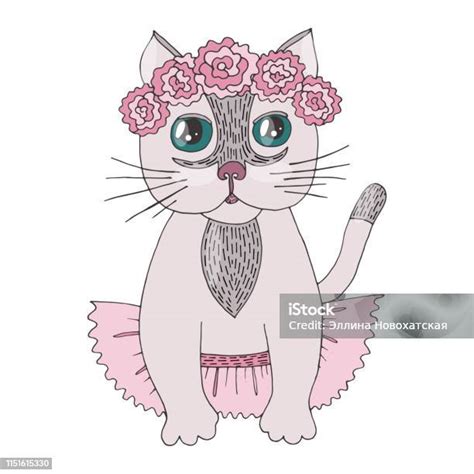색칠 공부 책 이나 페이지에 대 한 머리에 꽃과 만화 고양이 고양이 새끼에 대한 스톡 벡터 아트 및 기타 이미지 고양이 새끼