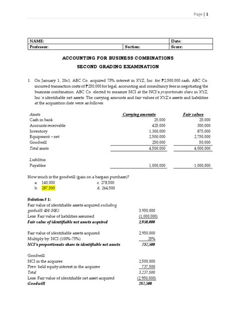 Accounting For Business Combinations Examination Pdf Goodwill
