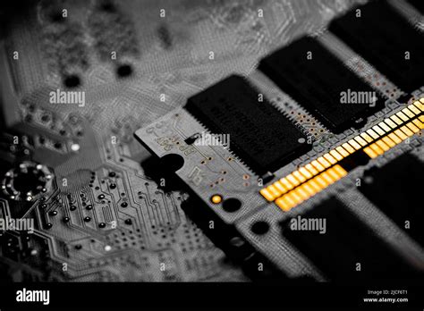 macro close up of computer ram chip random access memory chip slot for