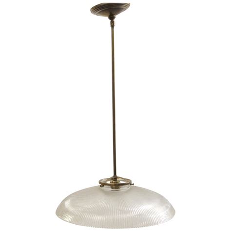 1930s Restored Ribbed Holophane Glass Globe Pendant Light With Brass