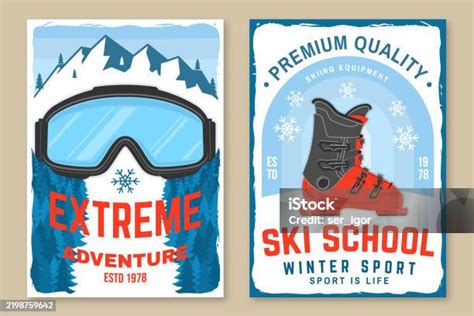 극한의 겨울 모험 벡터 스키 클럽 복고풍 전단지 포스터 배너 산 스키 안경 및 스키 부츠 가족 휴가 활동 또는 여행 겨울에 대한 스톡 벡터 아트 및 기타 이미지 Istock