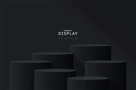 6단계 3d 실린더 연단 받침대 또는 제품 진열대가 있는 빈 검은색 방 3d 벡터 기하학적 플랫폼 디자인 모형을 위한 최소한의 벽 장면 제품 프레젠테이션을 위한 무대입니다