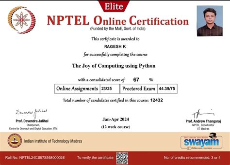 Earned Nptel Certificate For Python Course Ragesh K Posted On The