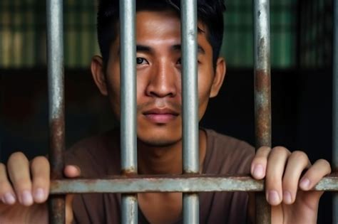 Un Prisonnier Asiatique Dans Une Cellule Derrière Les Barreaux Jeune