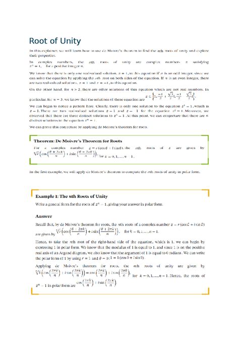 Roots Of Unity Explainer Root Of Unity In This Explainer We Will Learn How To Use De Theorem
